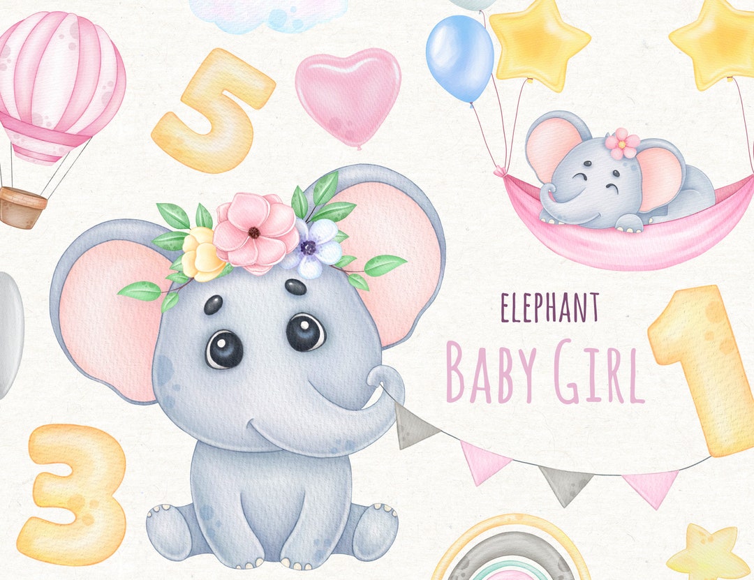 Watercolor Baby Elephant Clipart, Baby Shower Girl, Newborn - Etsy