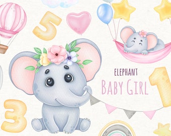 Baby Girl Elephant Watercolor Clipart, Nursery Decor, Balloons ...