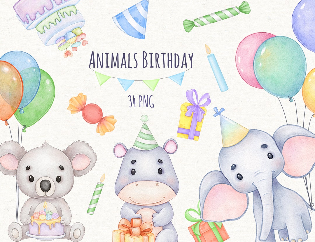 Cute Animals Birthday Watercolor Clipart PNG - Etsy