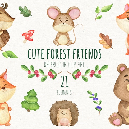 Watercolor Woodland Animals Clipart Cute Animal Clip Art Set - Etsy