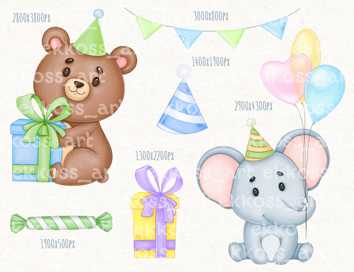 Cute Animal Birthday Watercolor Clipart First Birthday Png - Etsy