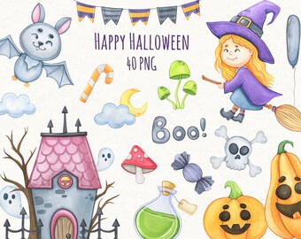 Halloween Clipart Watercolor Cute Witch PNG for Commercial - Etsy