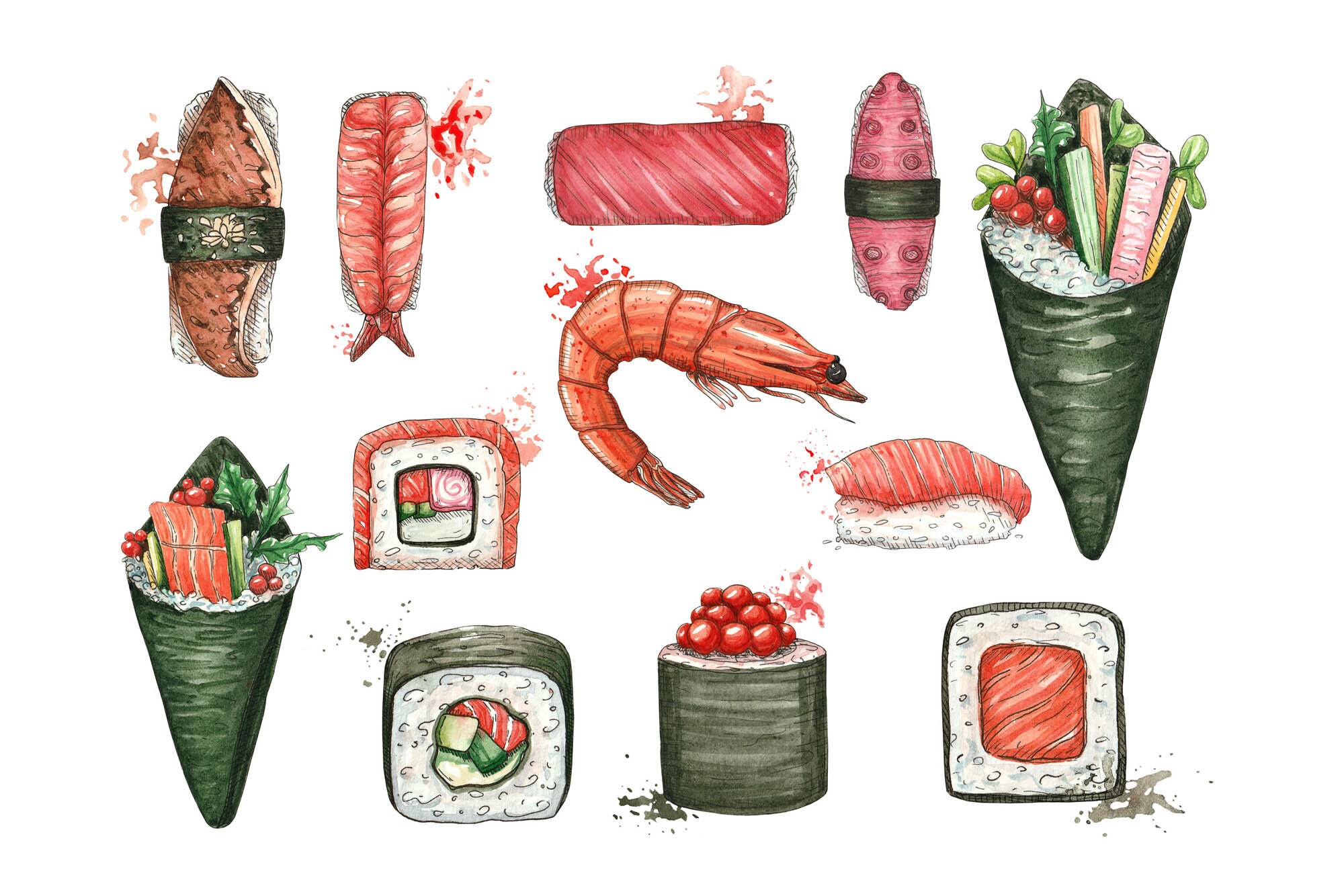 Watercolor Japanese Food Clipart Sushi Asian Food Chinese - Etsy