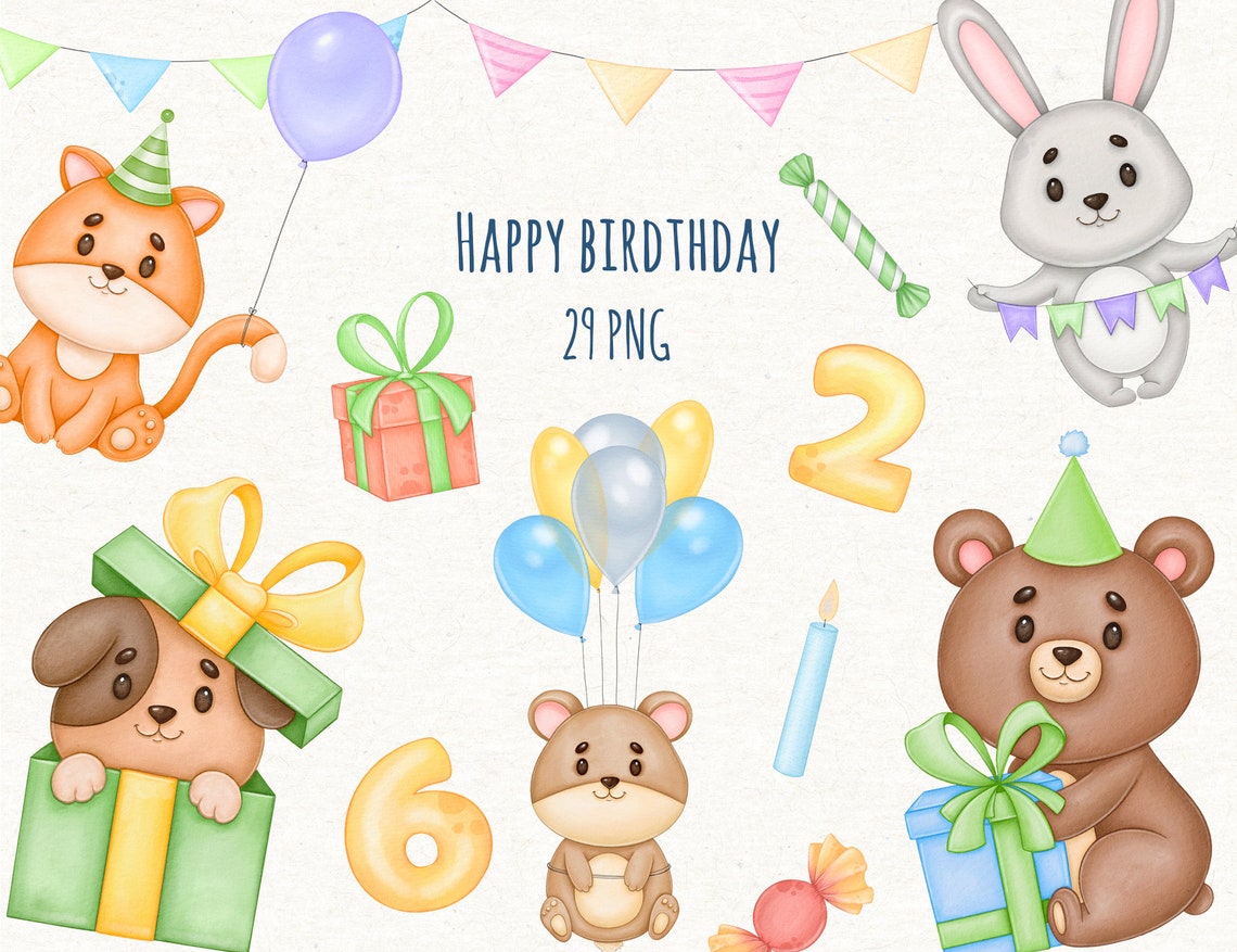 Cute Animal Birthday Watercolor Clipart First Birthday Png - Etsy
