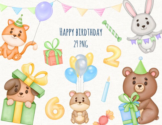 Cute Animal Birthday Watercolor Clipart First Birthday Png - Etsy