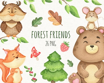 Watercolor Woodland Animals Clipart Forest Animals Clip Art Baby Fox ...