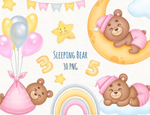 Baby Shower Girl Clipart Sleeping Bear Girl Watercolor - Etsy