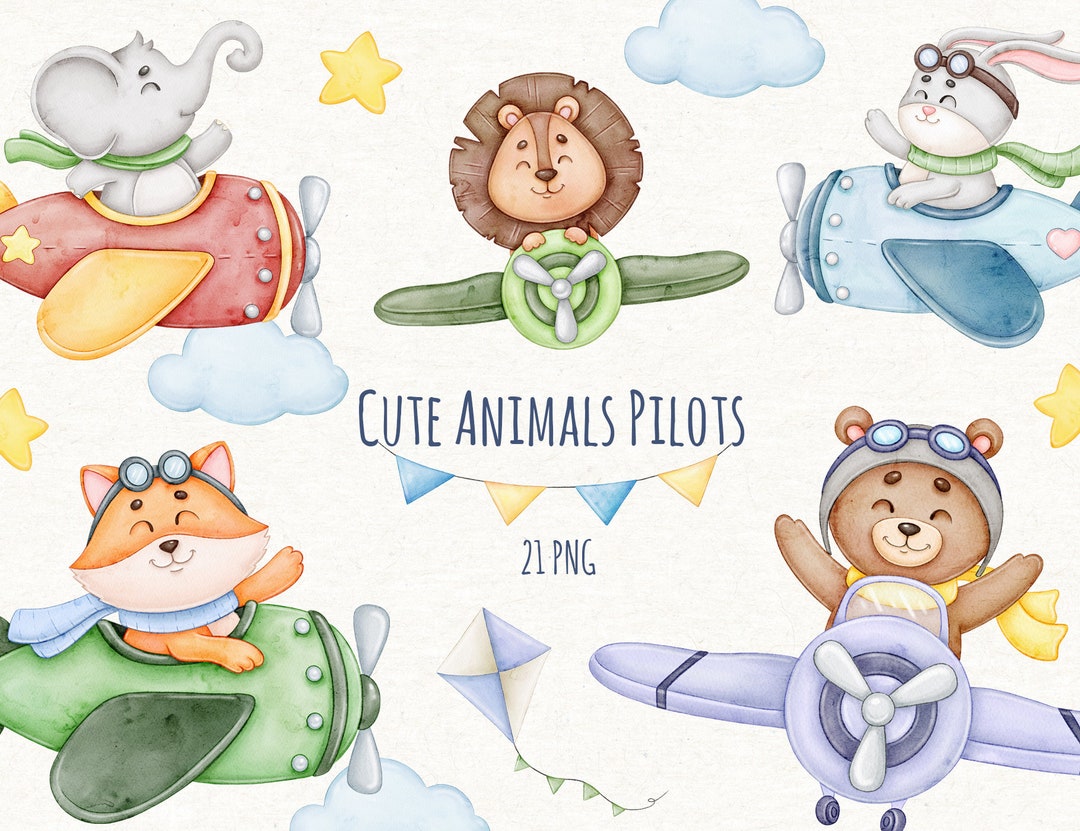Watercolor Cute Pilot Animals, Airplan Nursery Art, Png - Etsy