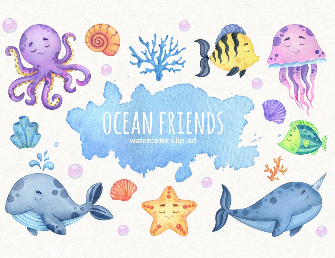 Watercolor Ocean Clipart, Cute Sea Animal Clipart PNG - Etsy