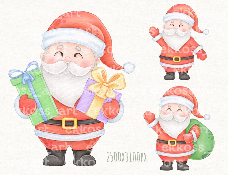 Watercolor Santa Claus Clip Art Cute Christmas Clipart Png | Etsy