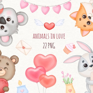 Valentines Day Watercolor Clipart, Cute Animals in Love PNG - Etsy