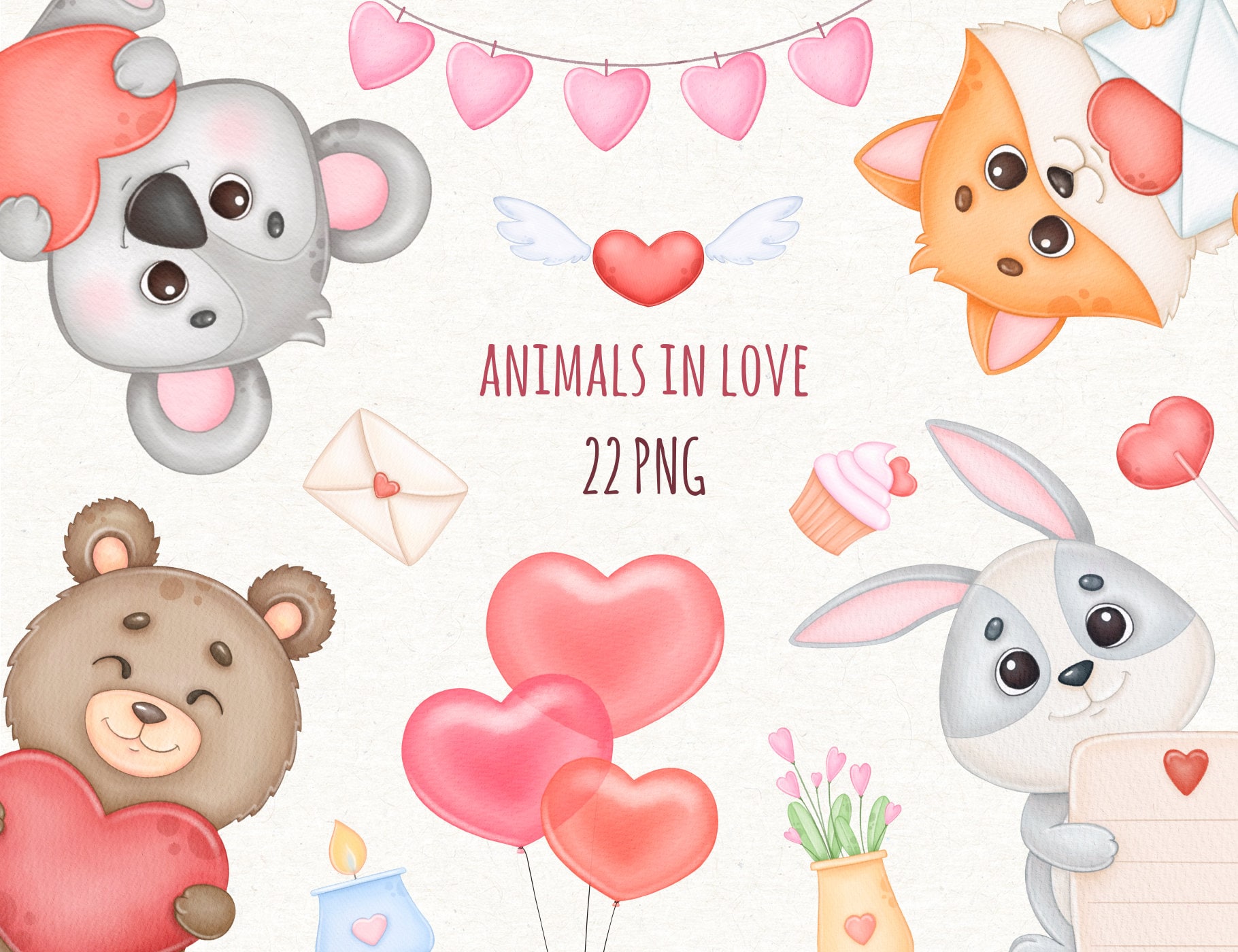 Valentines Day Watercolor Clipart Cute Animals in Love PNG - Etsy