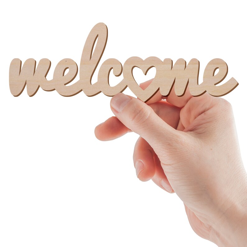 Welcome with Heart Sign Wood Cut Out Shape Wooden Word Laser | Etsy