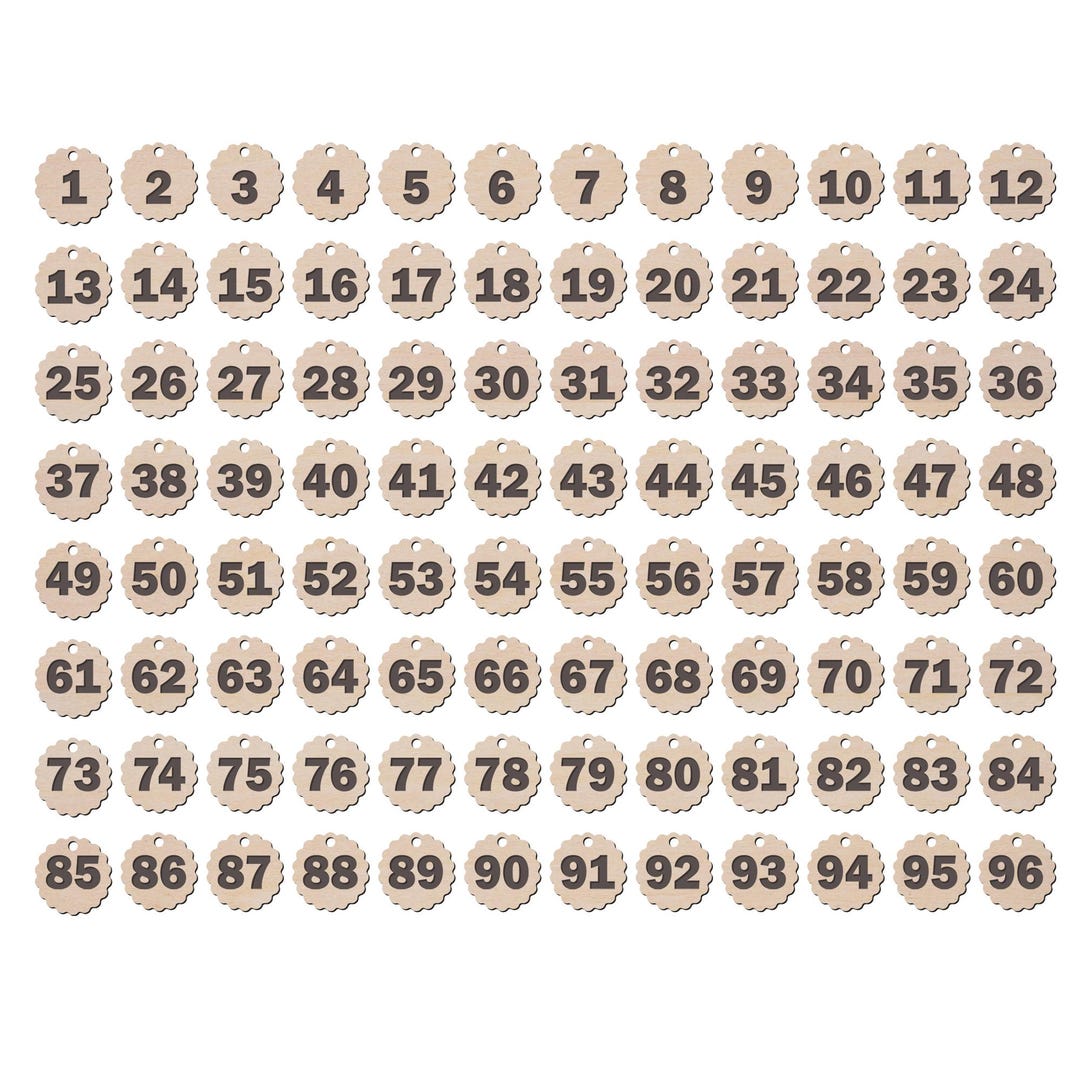 Laser-cut 4cm Wooden Number Tags 1–96 – Scalloped Edge – Rustic Market ...