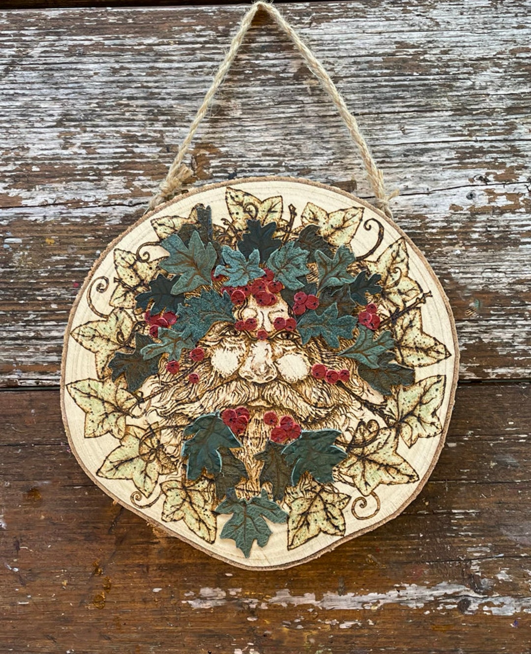 The Green Man Pyrography/ Wood Burn 22cm Solid Log-slice Wall Art With ...