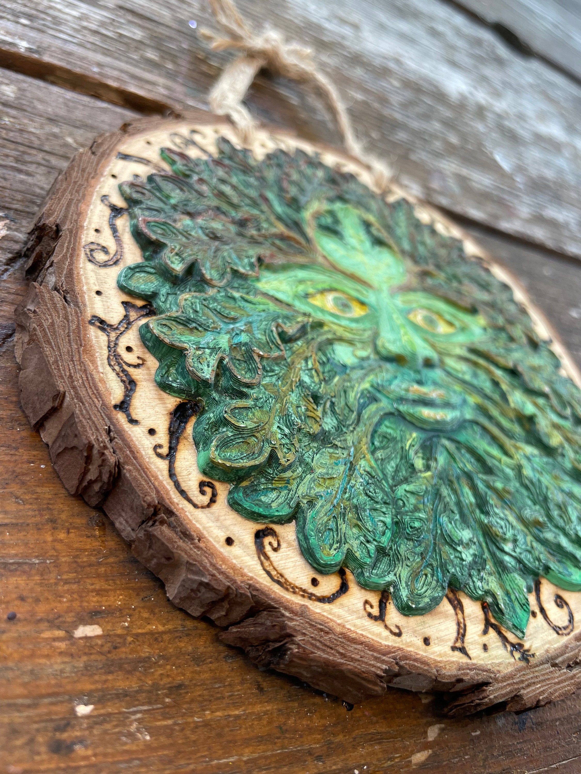 The Green Man Pyrography/ Wood Burn Solid Log-slice Wall Art - Etsy