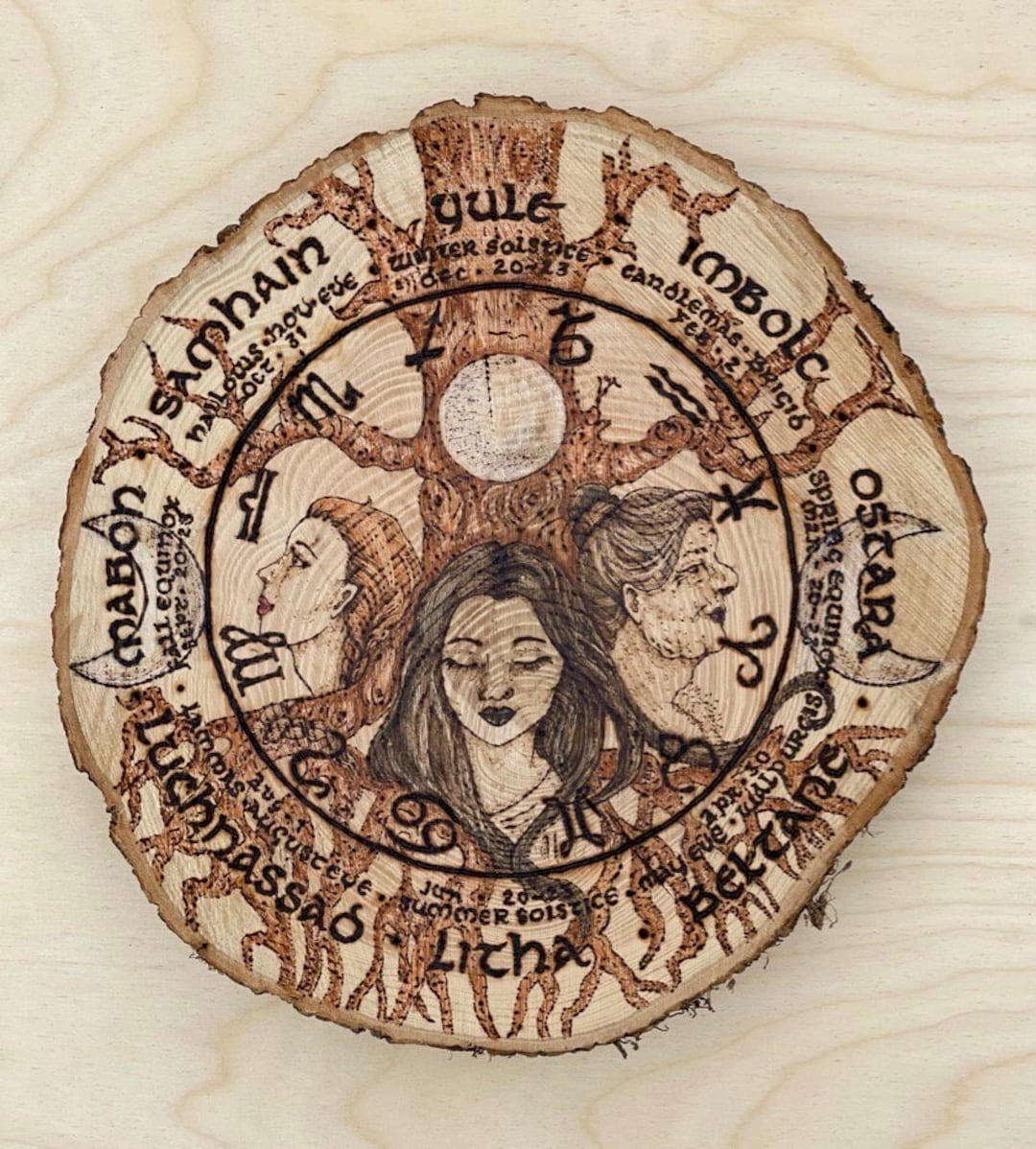 Large Wood-burned/ Pyrography Wheel of the Year Triple Goddess Tree ...
