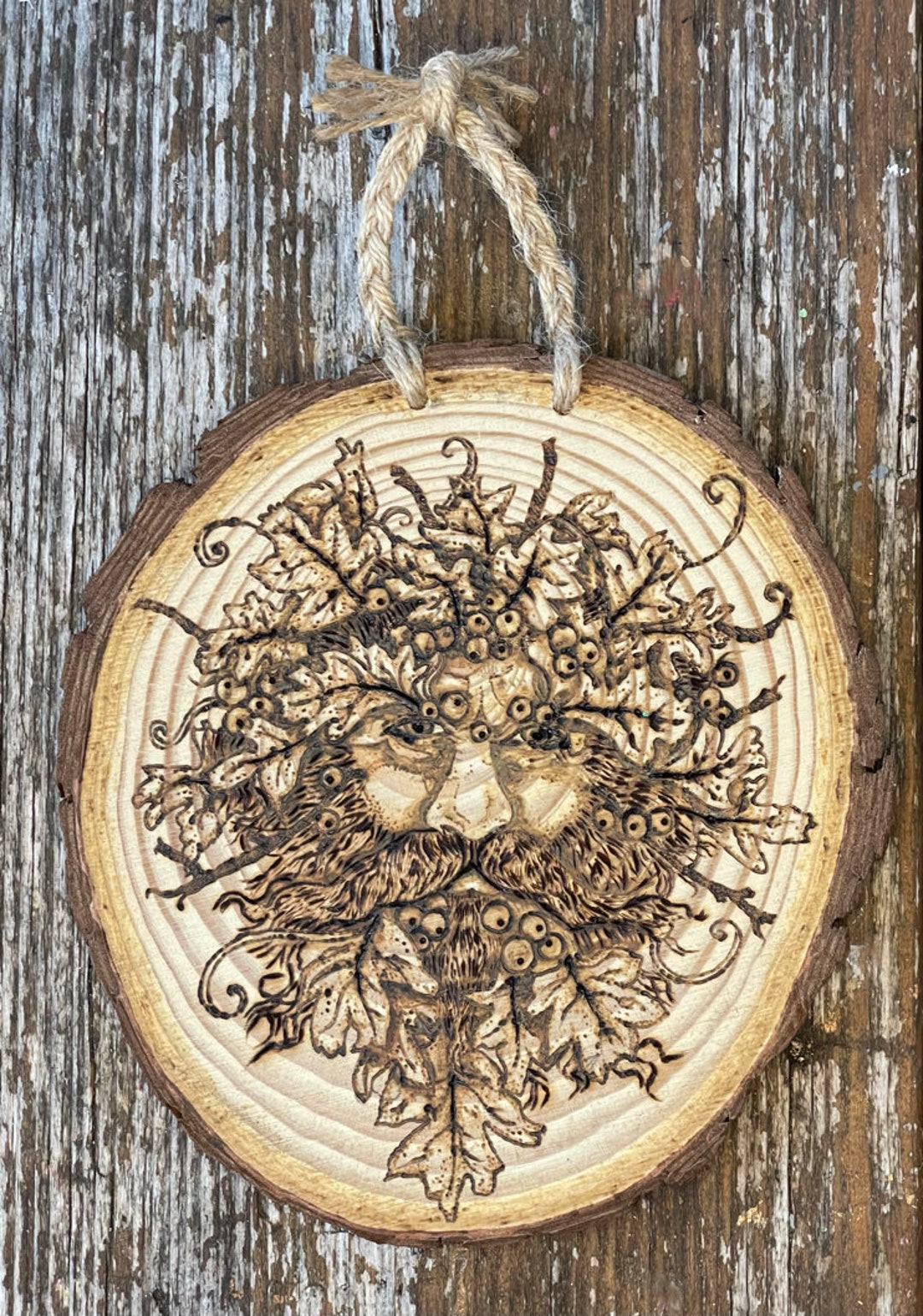The Green Man Pyrography/ Wood Burn Solid Log-slice Wall Art With ...