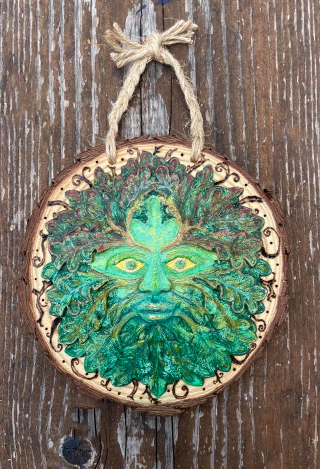 The Green Man - Pyrography/ Wood Burn 14cm Solid Log-slice Wall Art ...