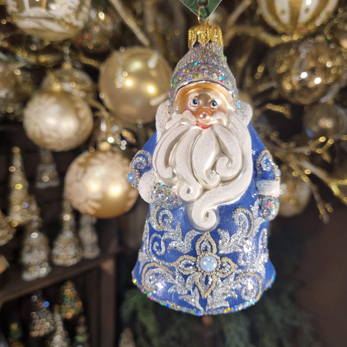 Handmade Blue Glass Santa Claus Christmas Ornament With Glitter Details ...