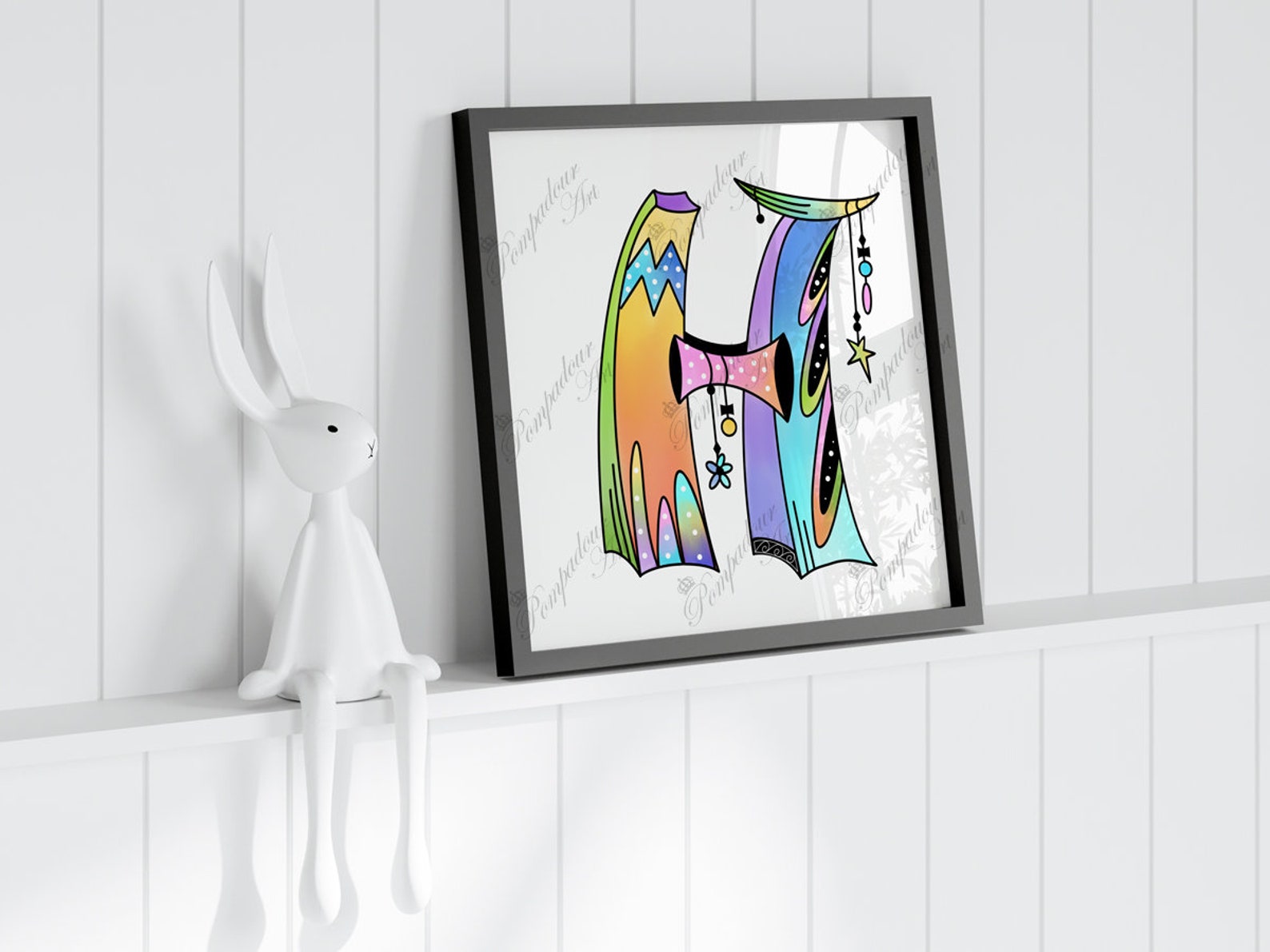 Hand Drawn Letter H, Pastel, Black and White, Watercolor, Monogram, 3 X ...