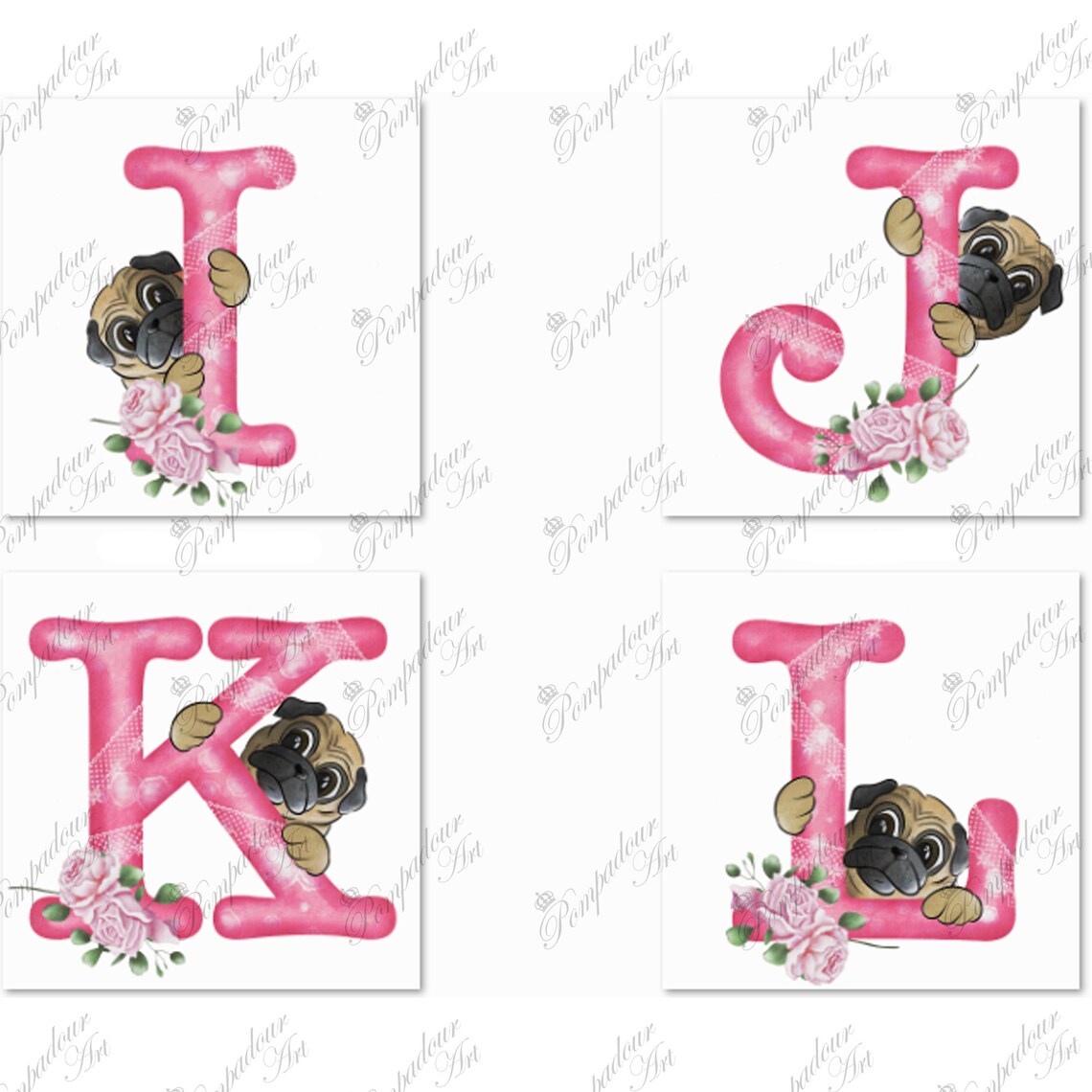 Pug Leopold & Friends Alphabet Pink, ABC, 26 Letters, Digital Download ...