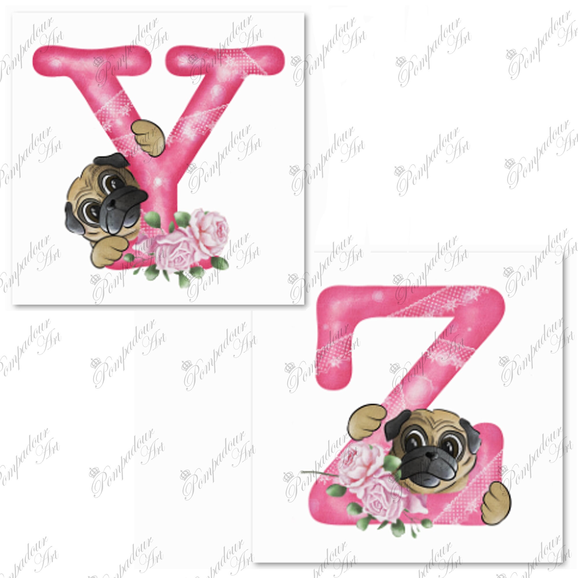 Pug Leopold & Friends Alphabet Pink, ABC, 26 Letters, Digital Download ...