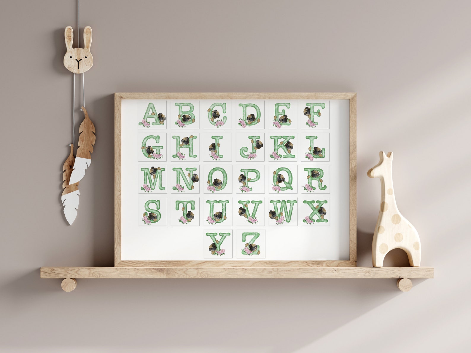 Pug Leopold & Friends Alphabet Green, ABC, 26 Letters, Digital Download ...