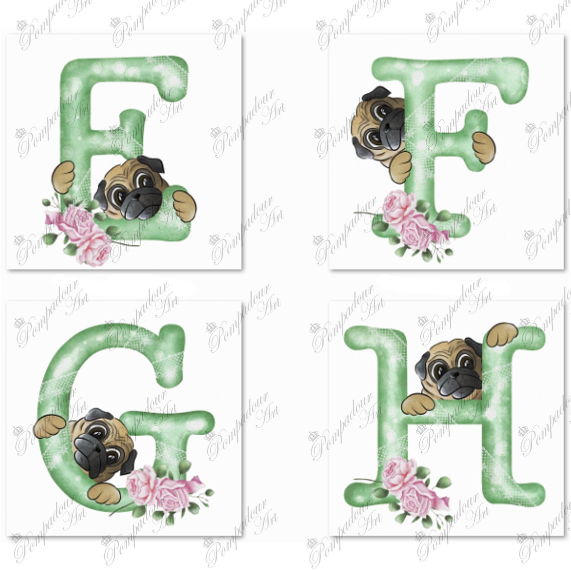 Pug Leopold & Friends Alphabet Green, ABC, 26 Letters, Digital Download ...