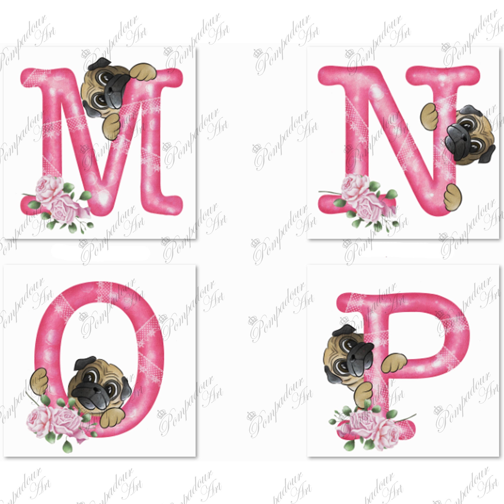 Pug Leopold & Friends Alphabet Pink, ABC, 26 Letters, Digital Download ...