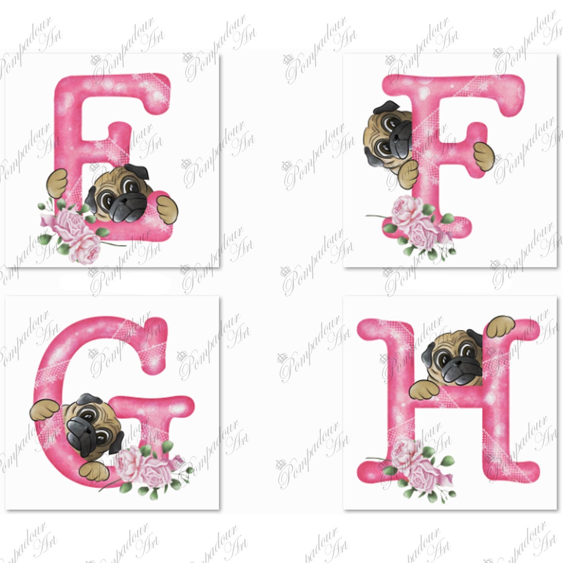 Pug Leopold & Friends Alphabet Pink, ABC, 26 Letters, Digital Download ...