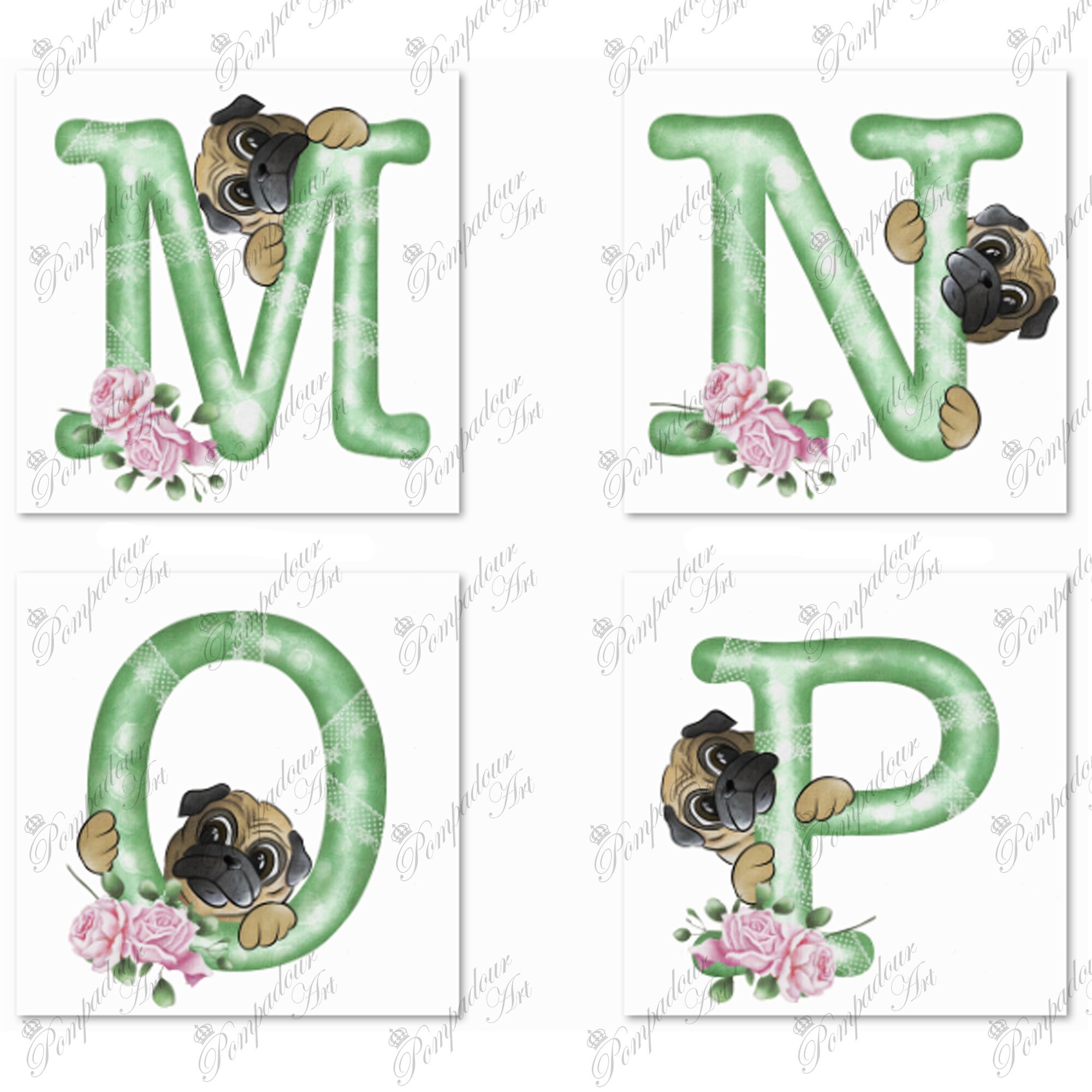 Pug Leopold & Friends Alphabet Green, ABC, 26 Letters, Digital Download ...