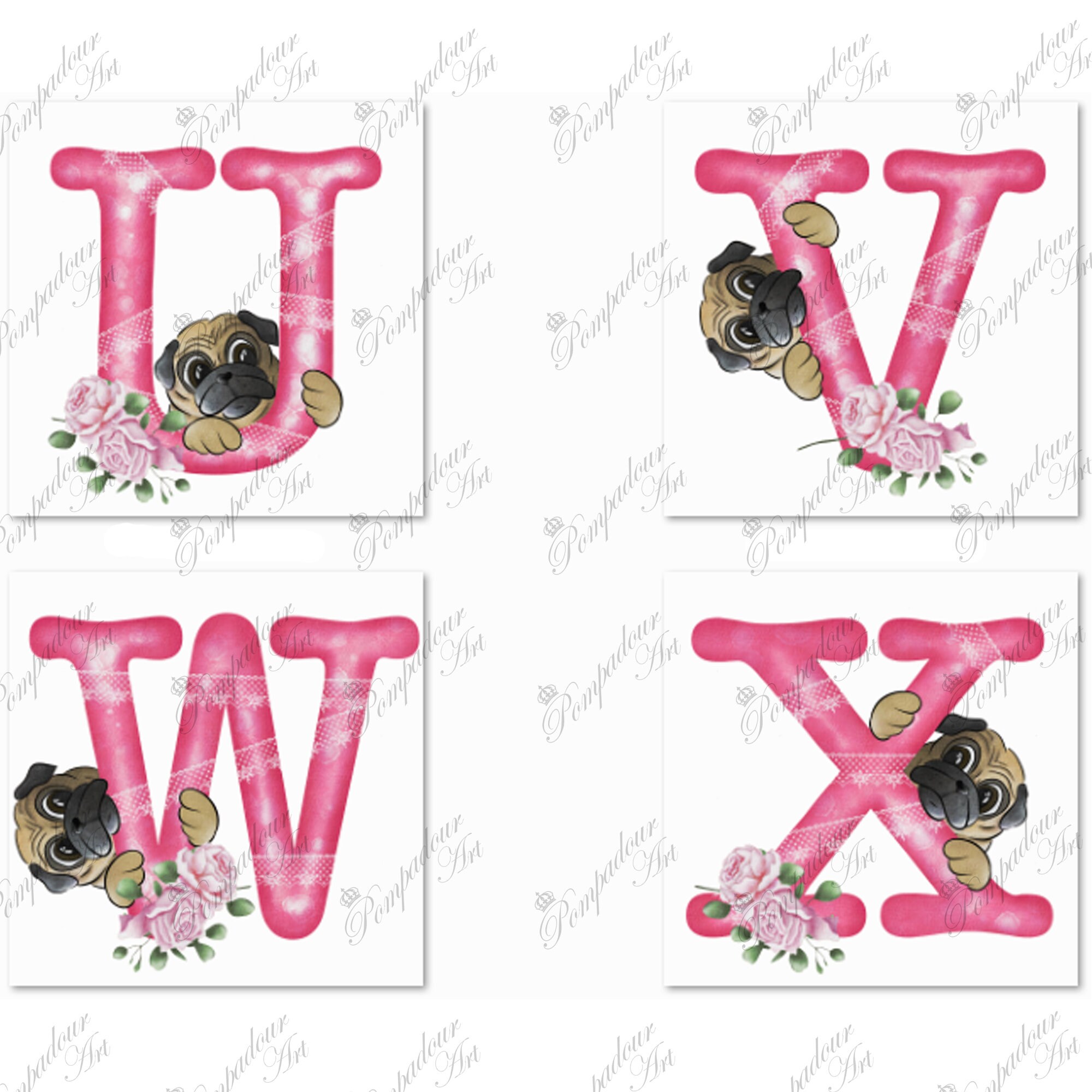Pug Leopold & Friends Alphabet Pink, ABC, 26 Letters, Digital Download ...