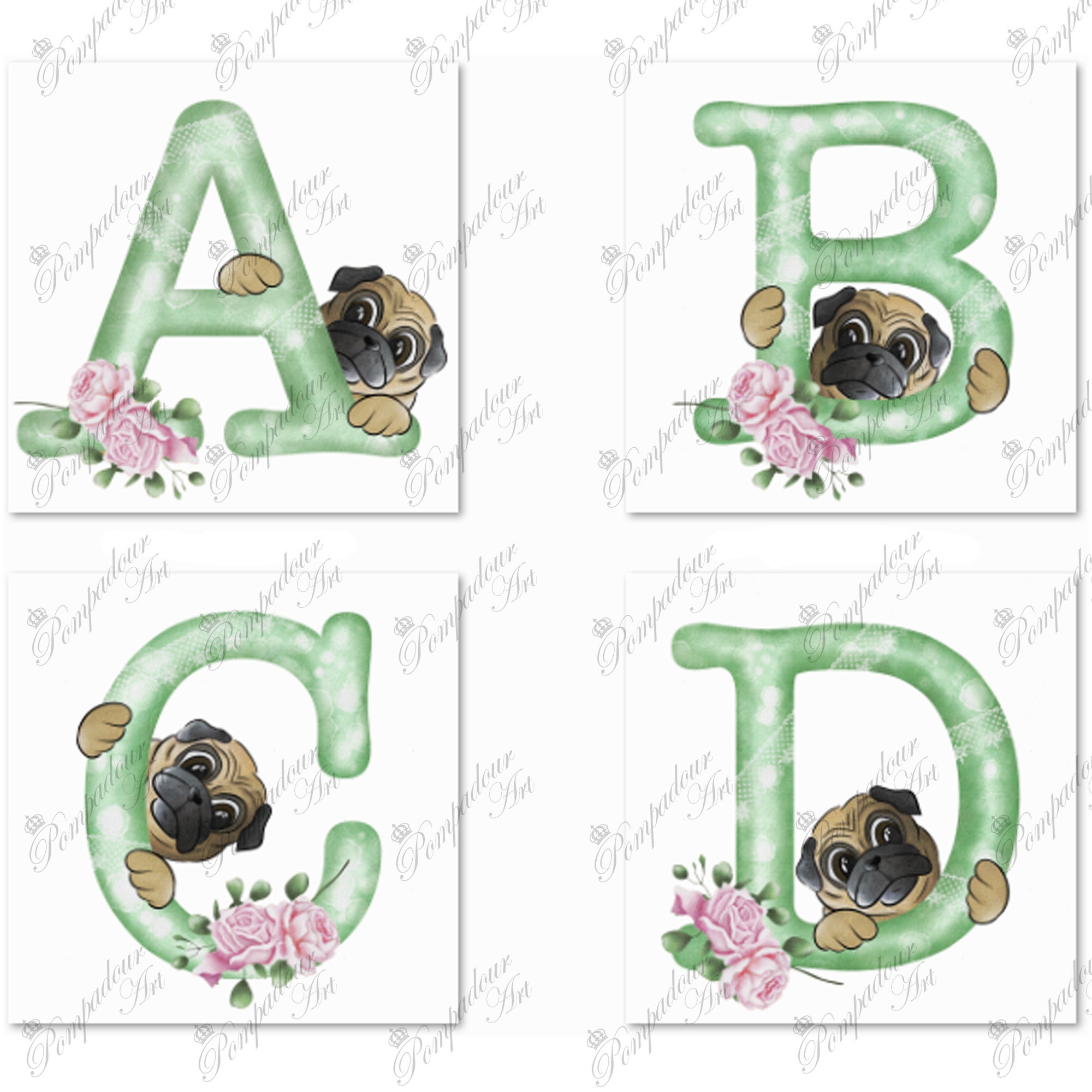 Pug Leopold & Friends Alphabet Green, ABC, 26 Letters, Digital Download ...