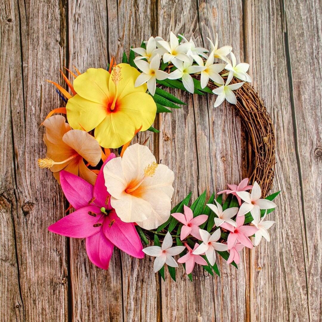 Tropical Wreath for Front Door, Plumeria Flowers, Hibiscus Wreath ...