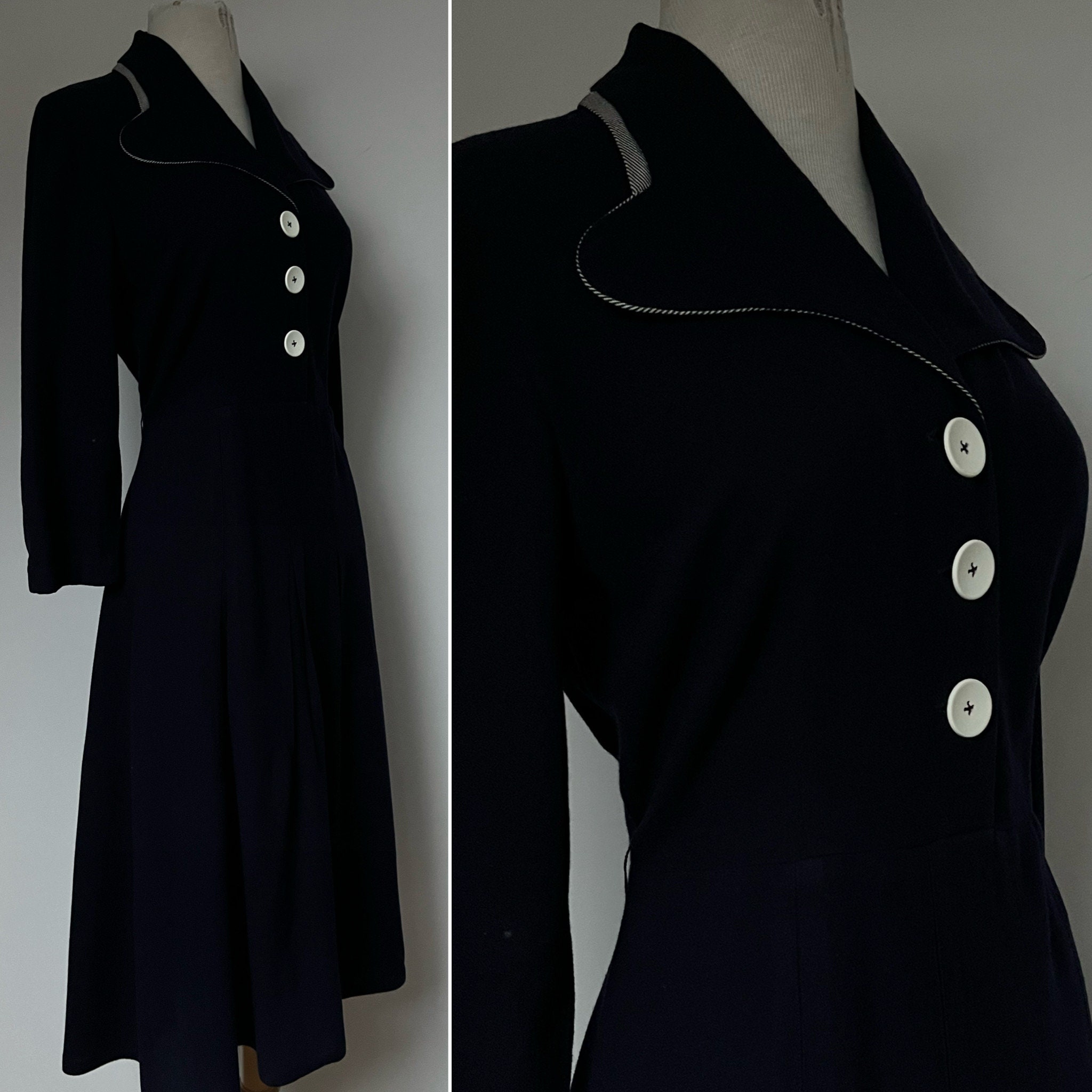 1950s Fit and Flare Wool Dress, 1950s Navy Blue Wool Dress, 1950s Wool ...