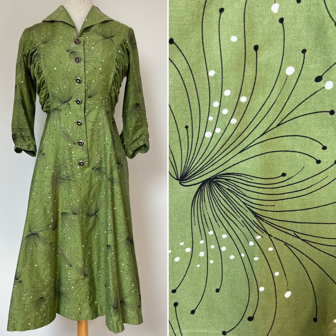 1950s Atomic Dress, 1950s Atomic Print Dress, 1950s Green Dress, Mid ...