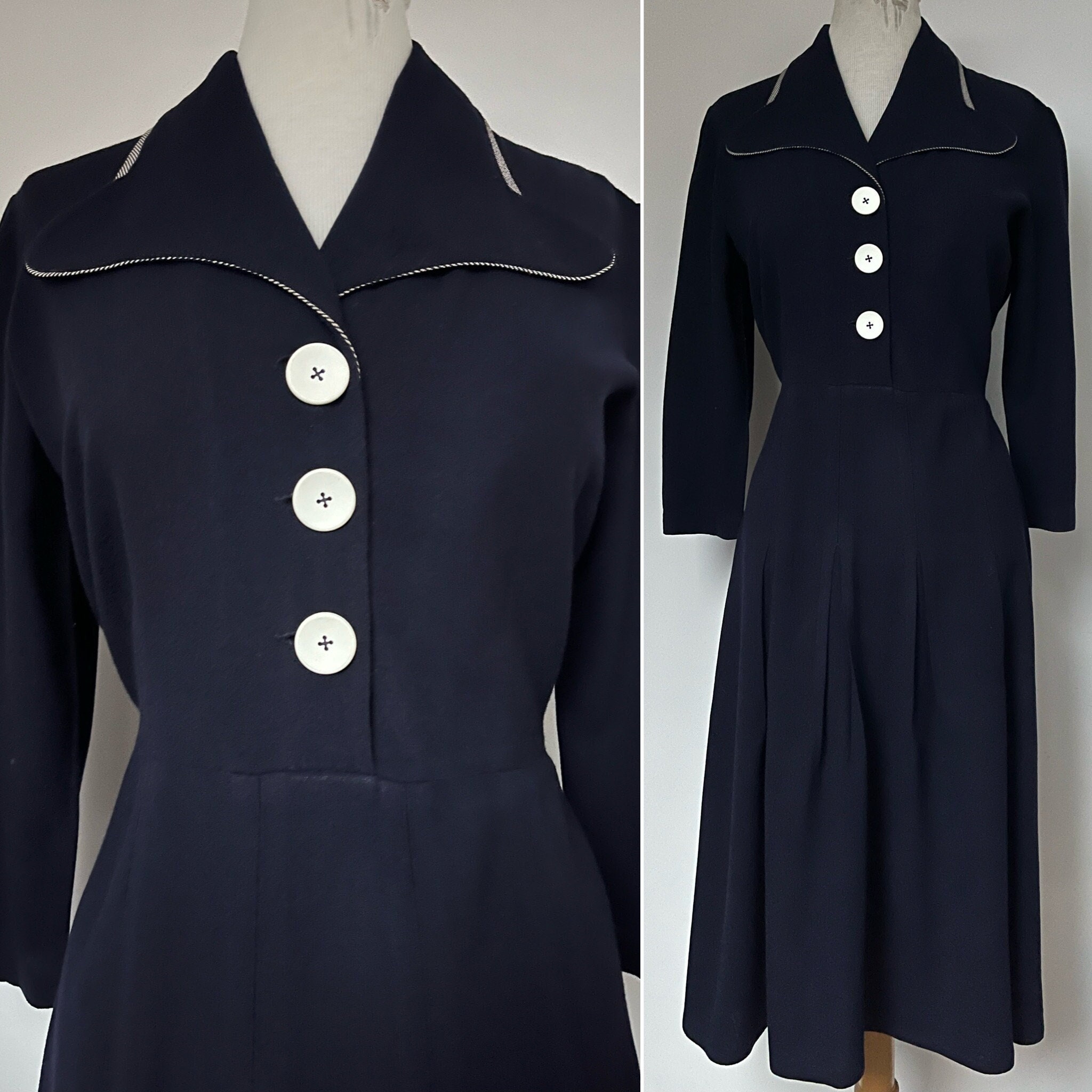 1950s Fit and Flare Wool Dress, 1950s Navy Blue Wool Dress, 1950s Wool ...
