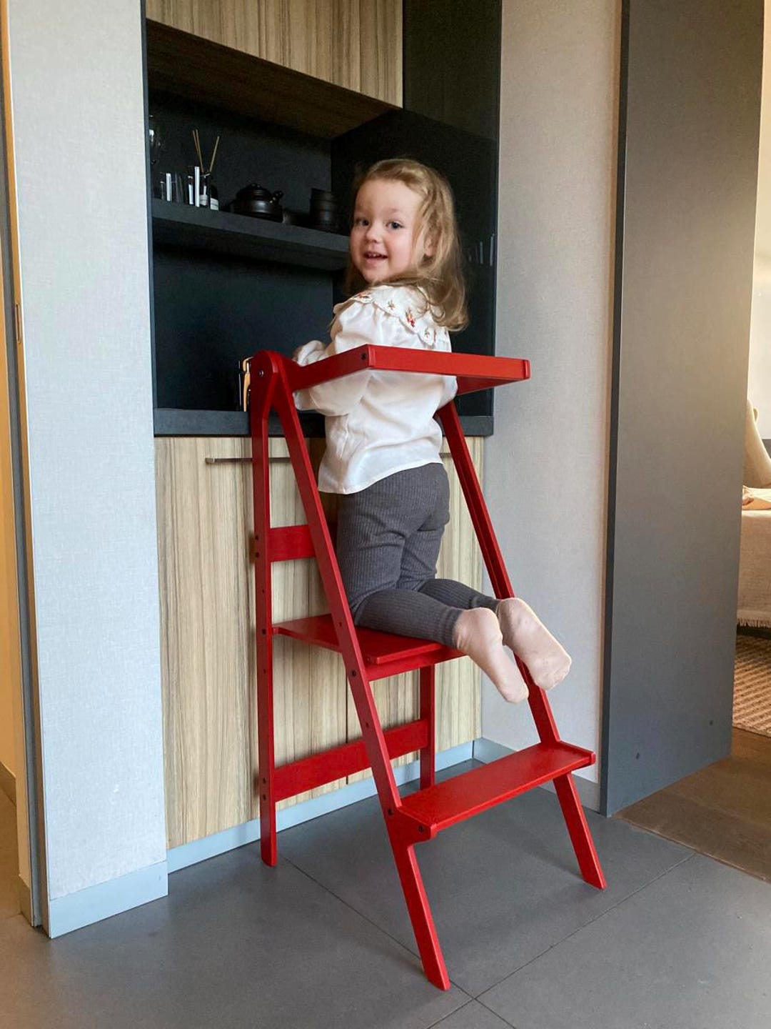 Foldable Montessori Learning Stool Adjustable Height Kitchen Step Stool ...