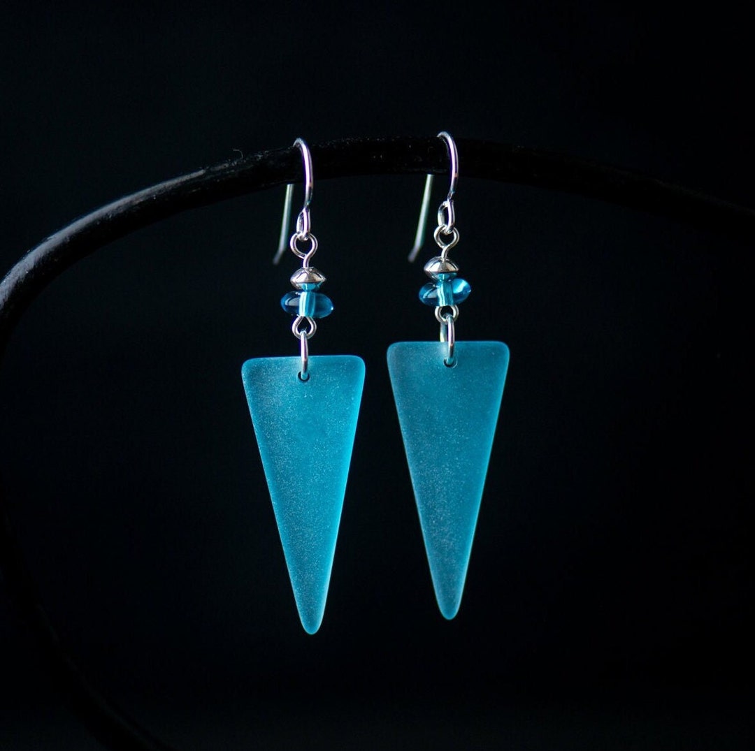 Turquoise & Silver Triangle Sea Glass Earrings|minimalist Handmade ...