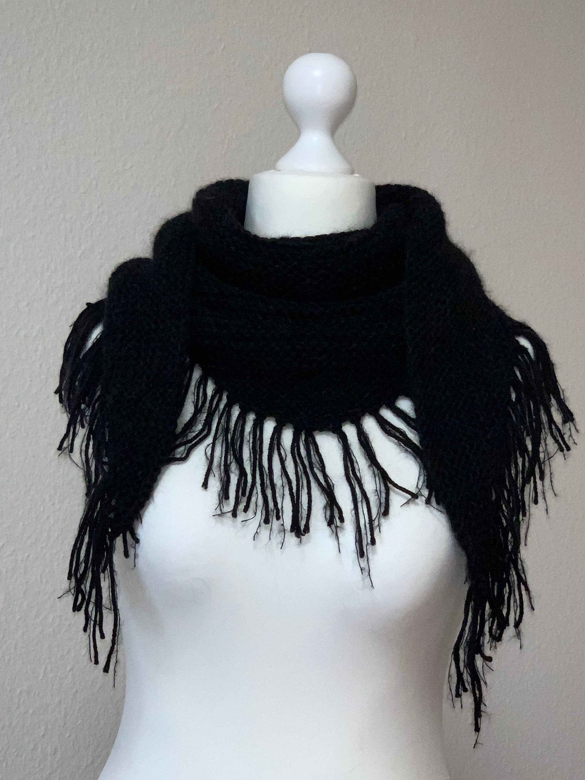 Triangular Cloth With Fringes Black Two Different Yarns Made - Etsy