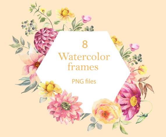 Watercolor Frames Leaves Flowers Pre Made Clipart Geometry | Etsy