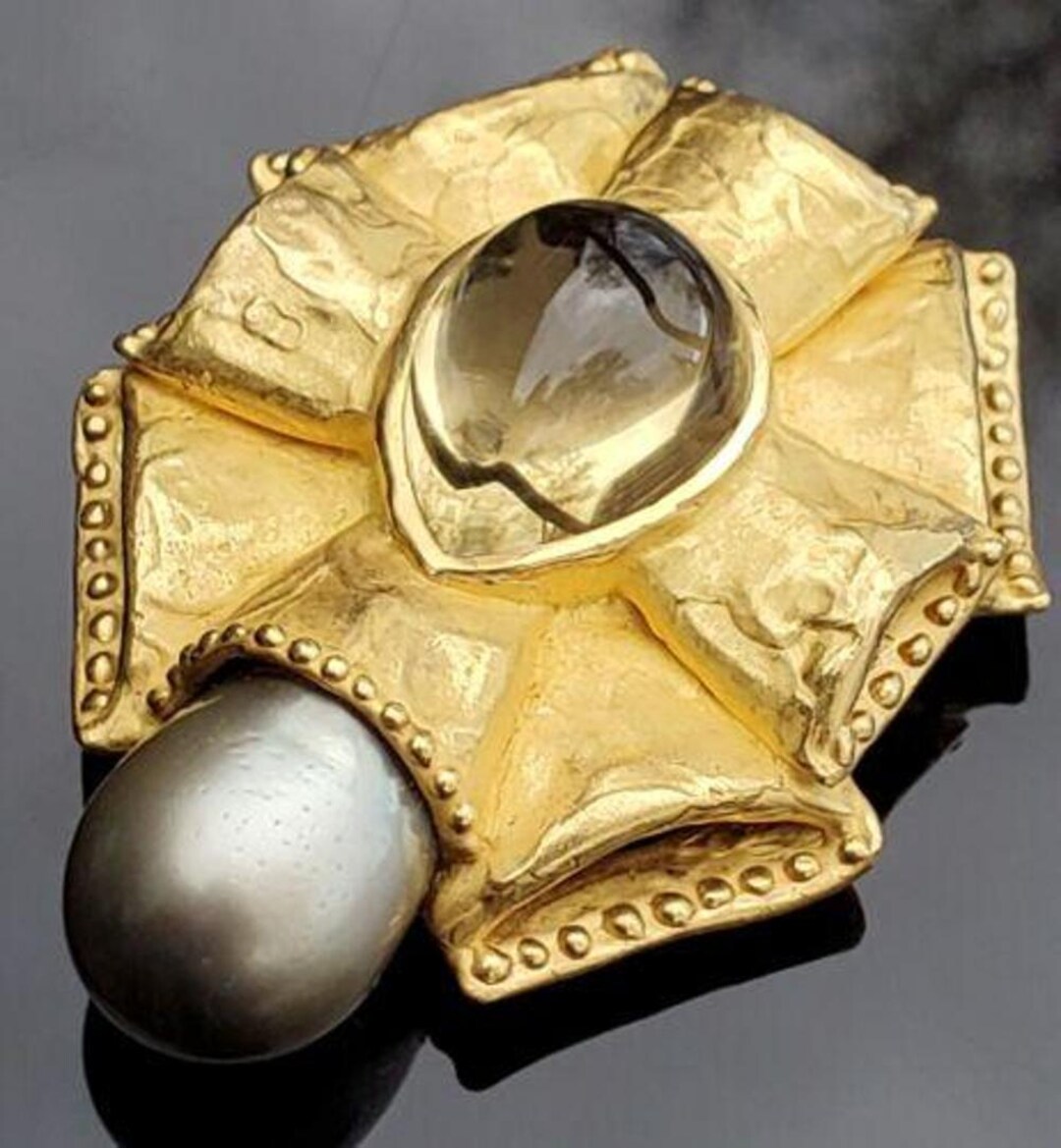 Denise Roberge 22k Gold Pin Brooch Citirine Gray Pearl Large Heavy 75 ...