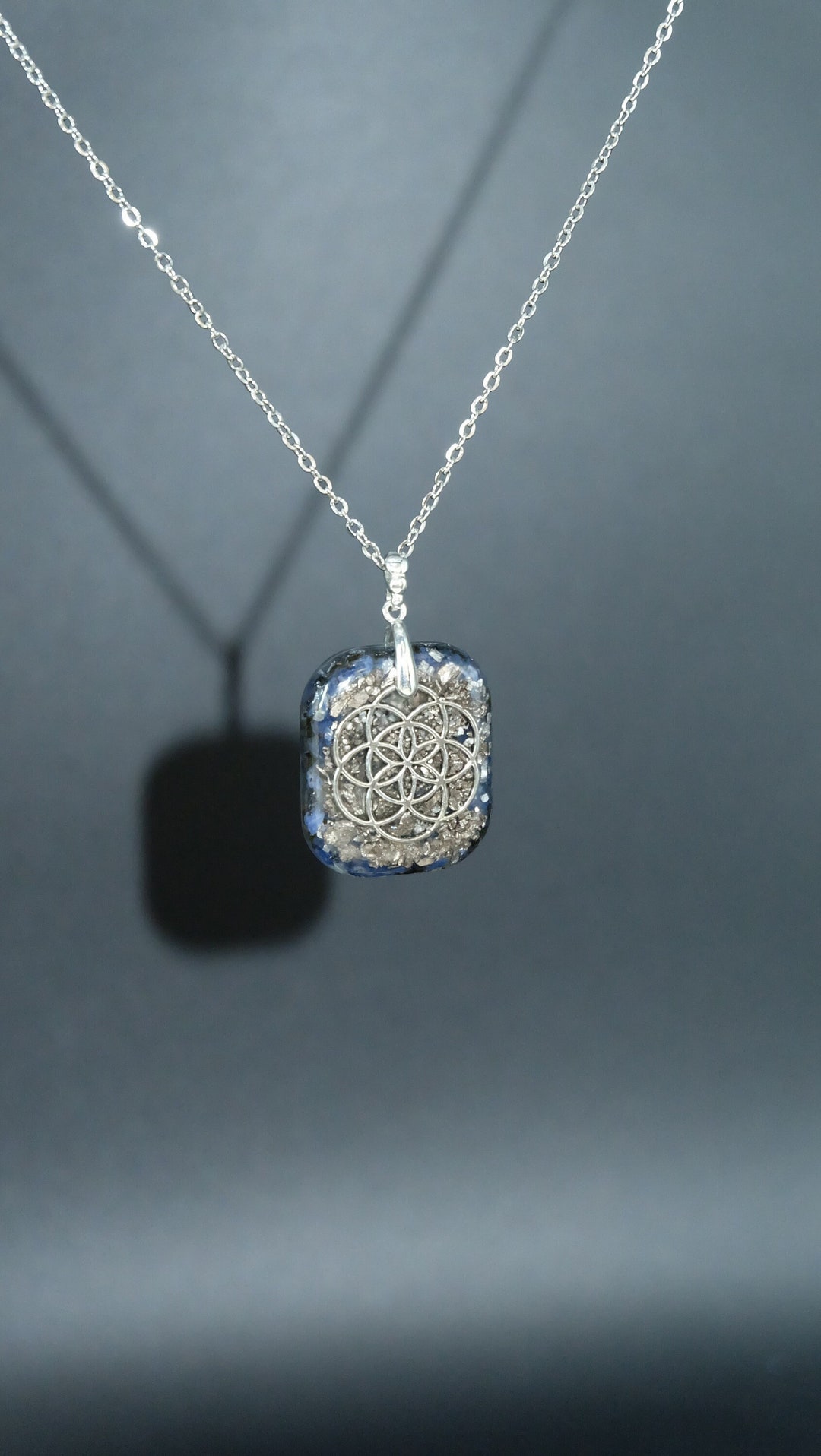 Flower of Life Orgonite Amulet With Sodalite and Silver Handmade Throat ...