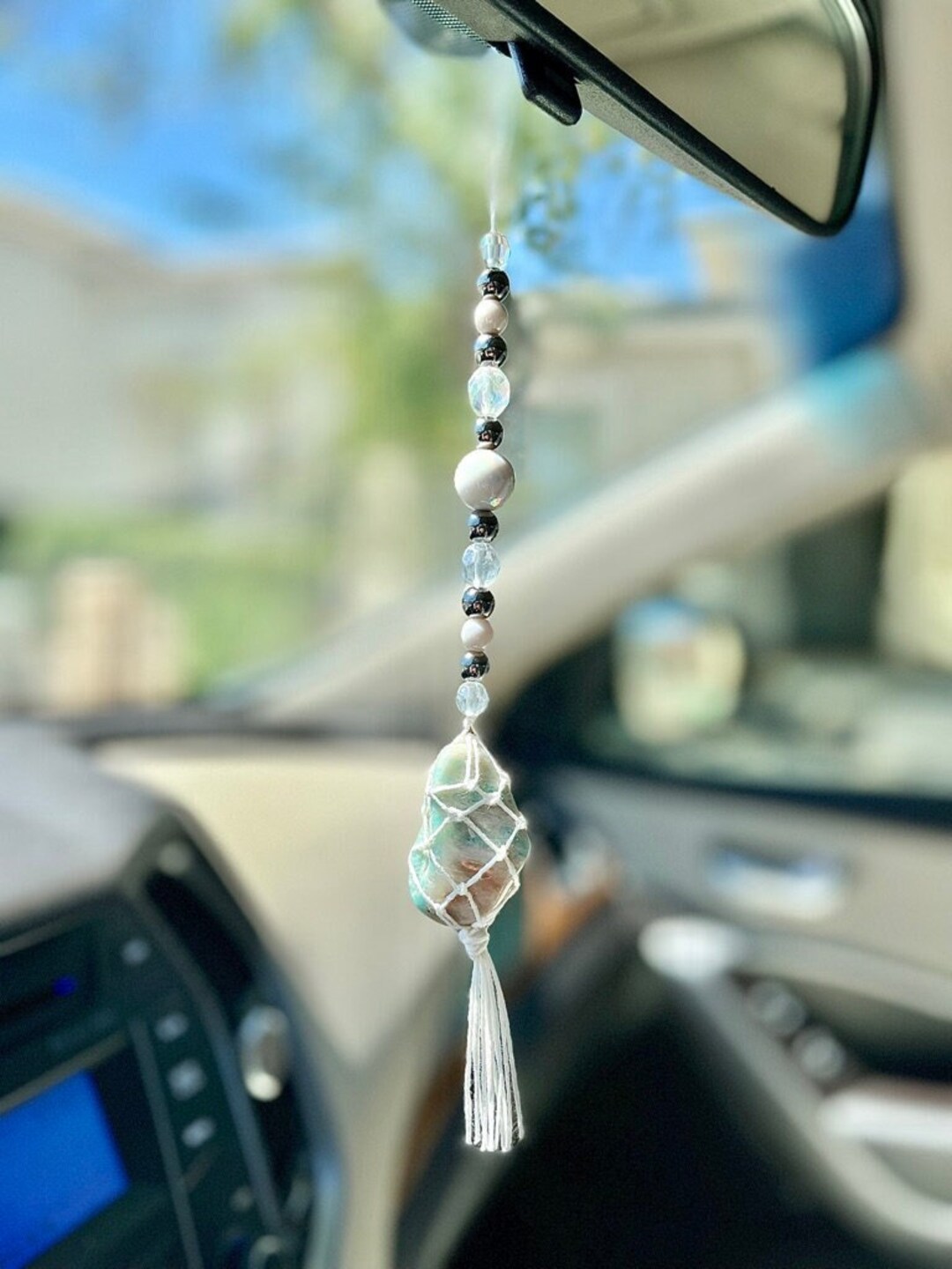 Macrame Amazonite Crystal Car Charm: Boho Car Mirror Suncatcher Hanging ...