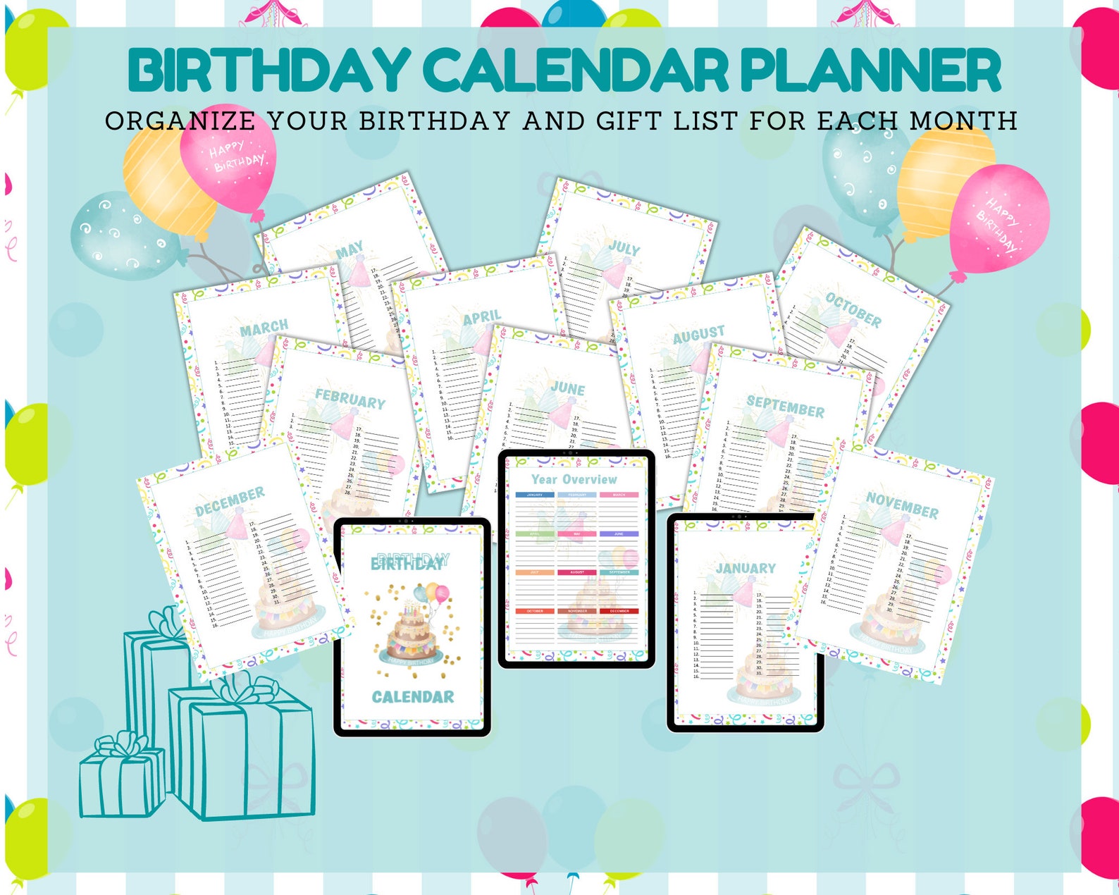 Birthday Parties Printable Bundle, Birthday Calendar Planner, Birthday ...