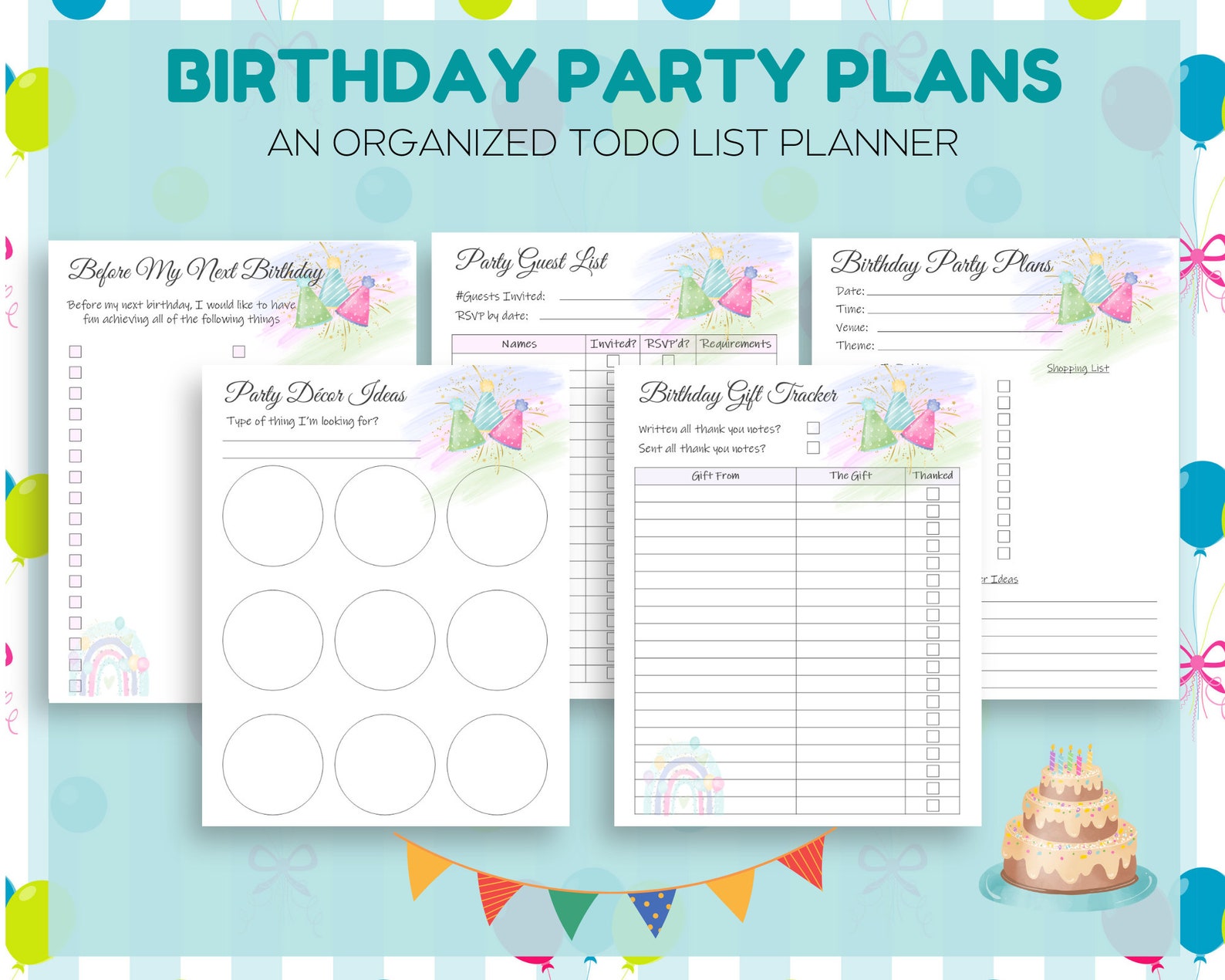 Birthday Parties Printable Bundle, Birthday Calendar Planner, Birthday ...