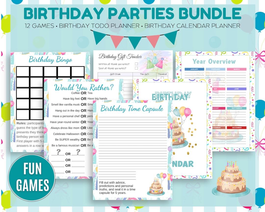 Birthday Parties Printable Bundle, Birthday Calendar Planner, Birthday ...
