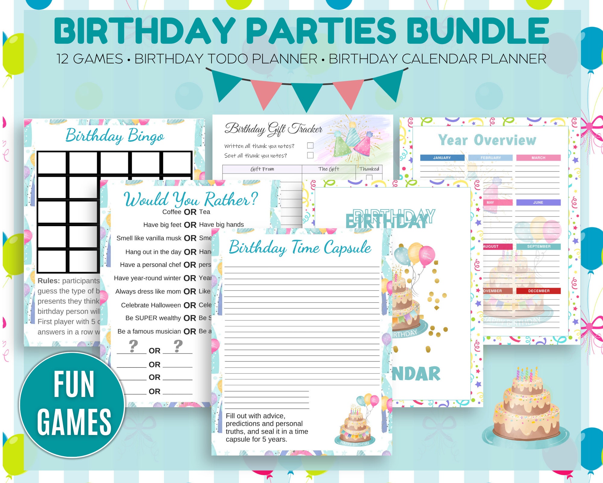 Birthday Parties Printable Bundle, Birthday Calendar Planner, Birthday ...