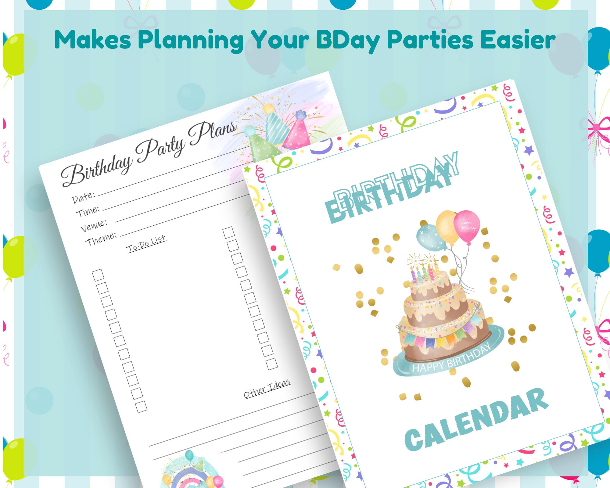 Birthday Parties Printable Bundle, Birthday Calendar Planner, Birthday ...